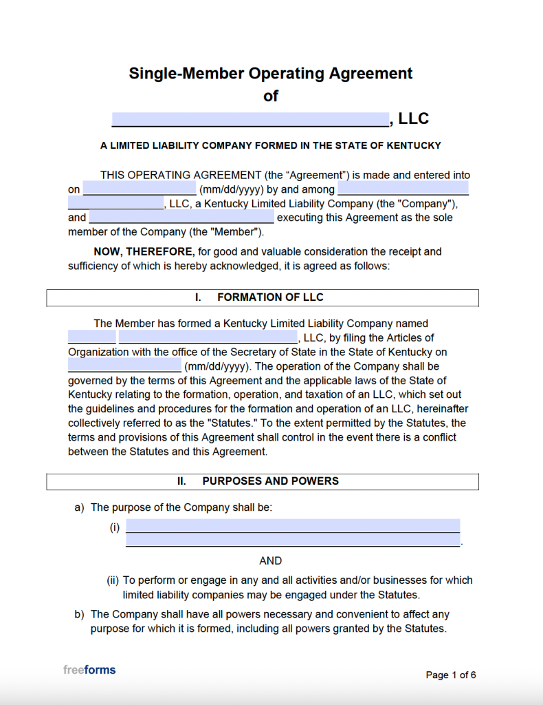 Free Kentucky Single-Member LLC Operating Agreement Form | PDF | Word
