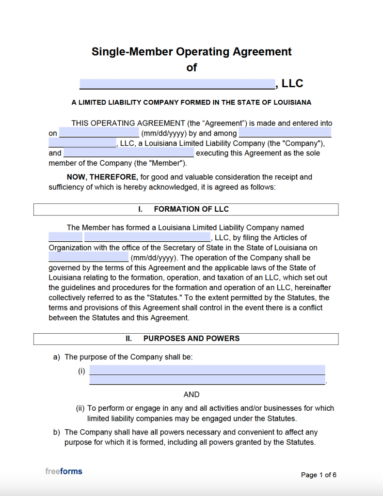 Free Louisiana Single-Member LLC Operating Agreement Form | PDF | WORD