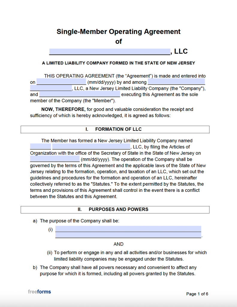 Free New Jersey Single-Member LLC Operating Agreement Form | PDF | Word