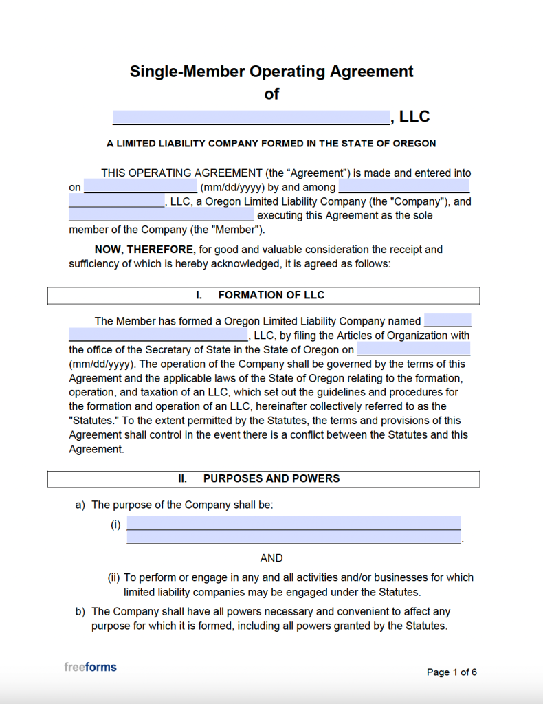 Free Oregon Single-Member LLC Operating Agreement Form | PDF | WORD