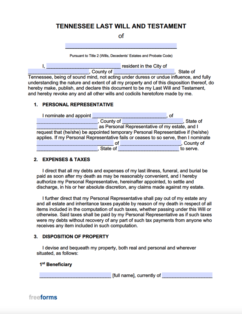 Free Tennessee Last Will and Testament Template | PDF | Word