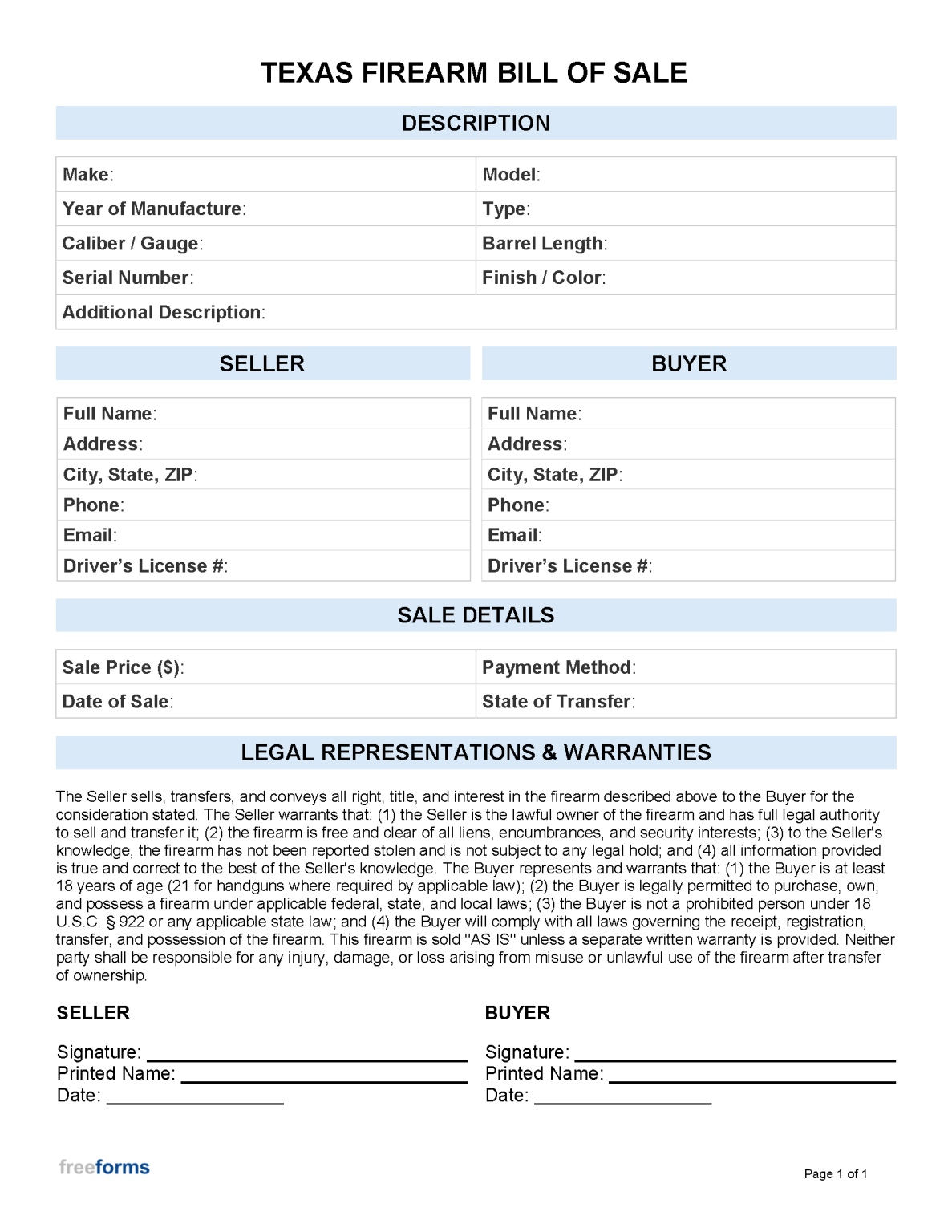 Firearm (Gun) Bill of Sale Form – Necessary form utilized for the sale ...